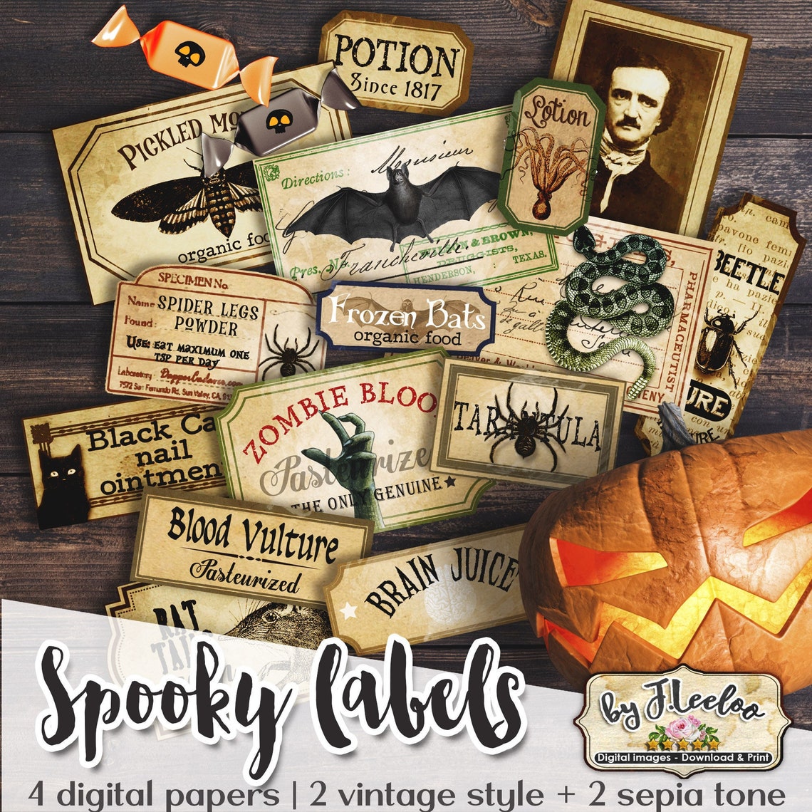 SPOOKY LABELS Vintage Kit Apothecary Witch Halloween Bottle Junk ...