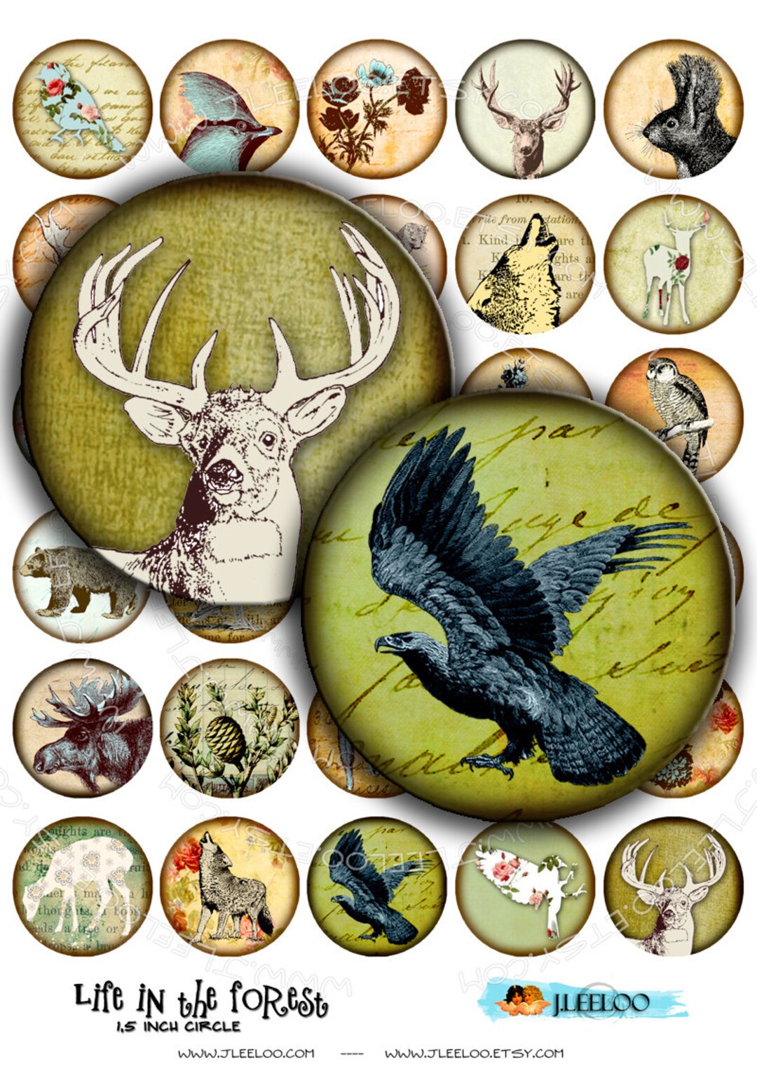 Digital Printable LIFE in the FOREST 1.5 Inch Circle Sheets Wolf Owl ...
