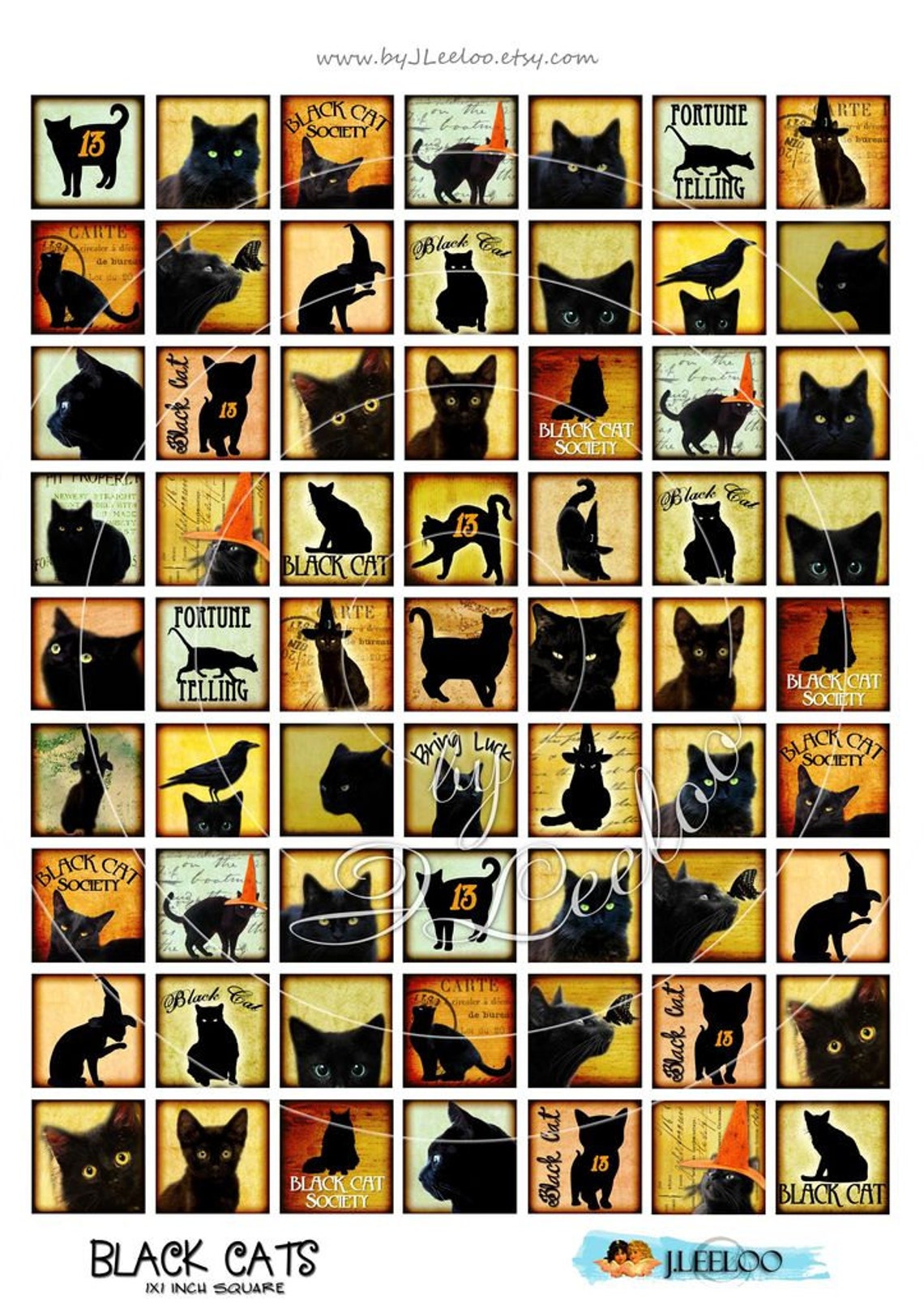 Digital Download BLACK CATS 1x1 Inch Square Scary Halloween Witches ...