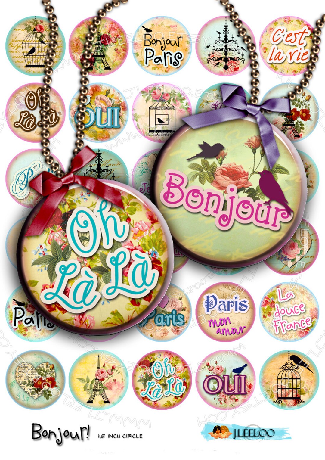 Digital Printable Sheet BONJOUR 1.5 Inch Circle Digital France Eiffel ...