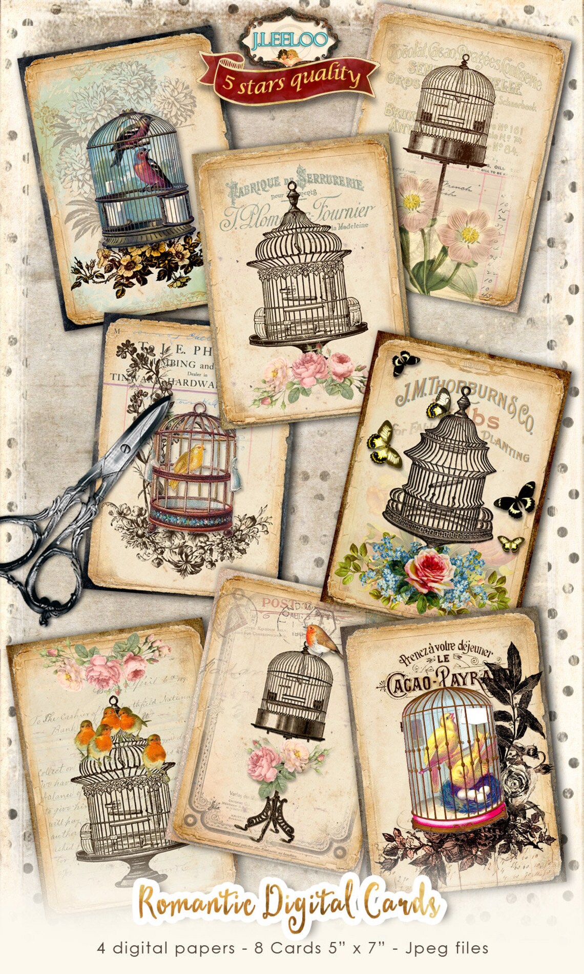 BIRD CAGE Cards 5x7 Inch Victorian Vintage Digital Collage - Etsy