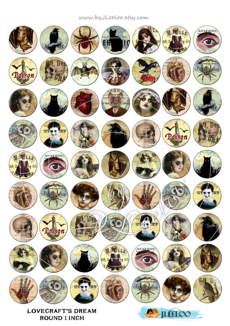 Digital Collage Sheet LOVECRAFT DREAM 1 Inch Circle for Spooky ...