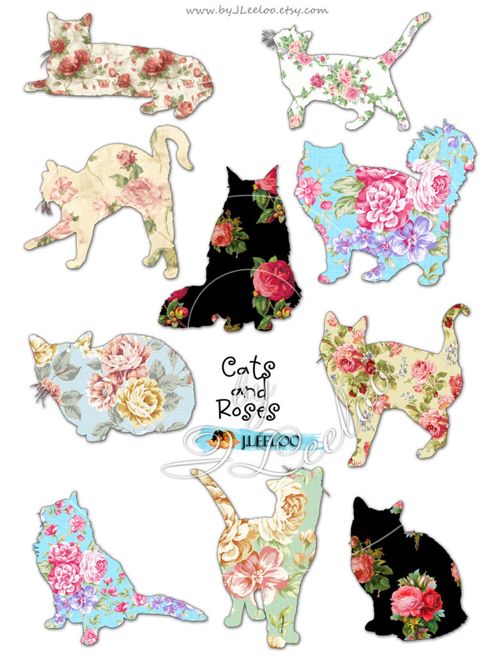 CATS AND ROSES Png File Digital Collage Sheet Large Digital - Etsy