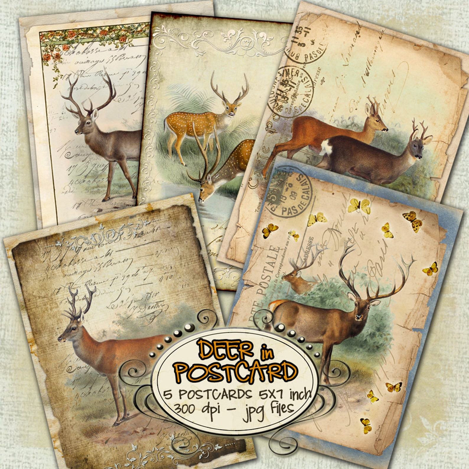 DEER Postcards Digital Graphics Digital Collage Sheet Instant Download ...