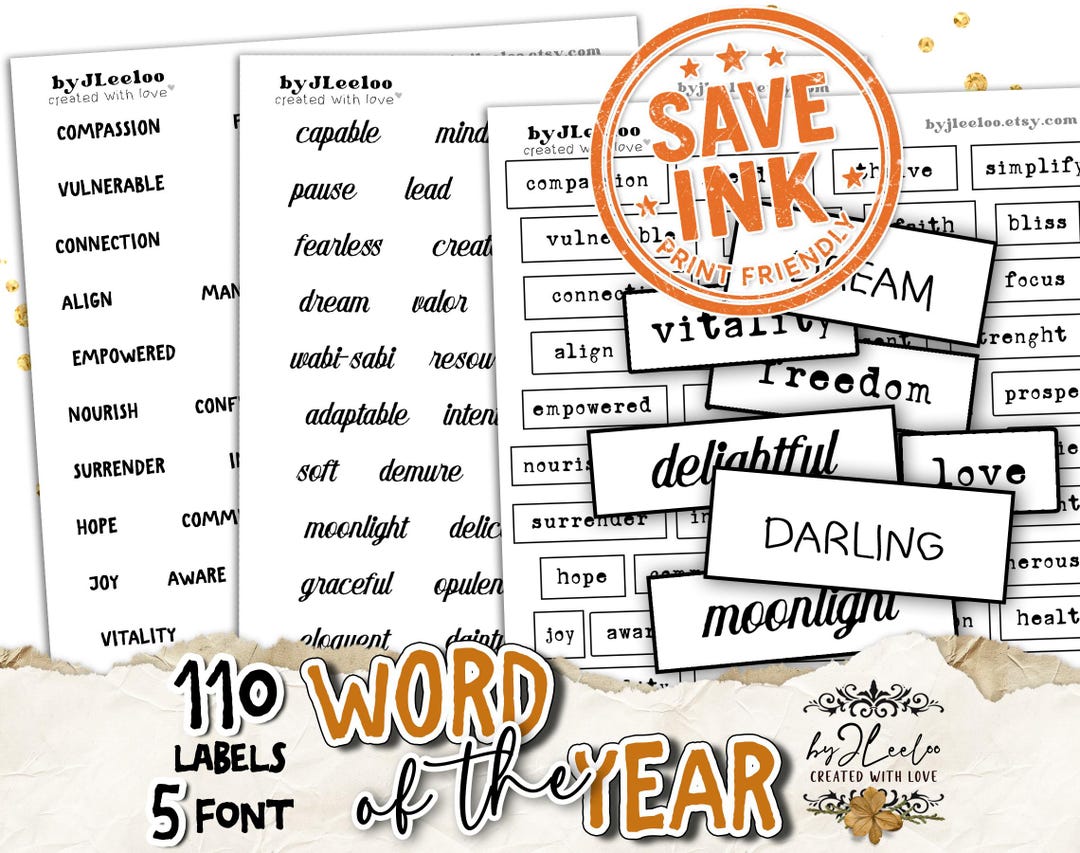 WORD of the YEAR – 550 Ink-saving Labels • Black and White Printable ...