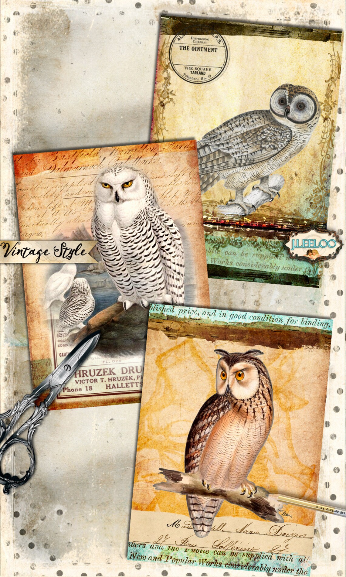 OWLS POSTER 6 Printable Digital Papers - Instant Download for Scrapbook ...