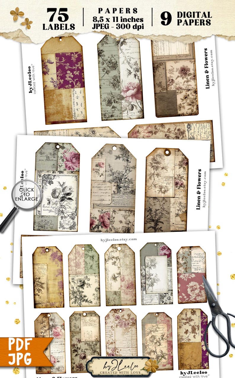 LINEN and FLOWERS Victorian Floral Tags | Junk Journal Kit, Printable ...