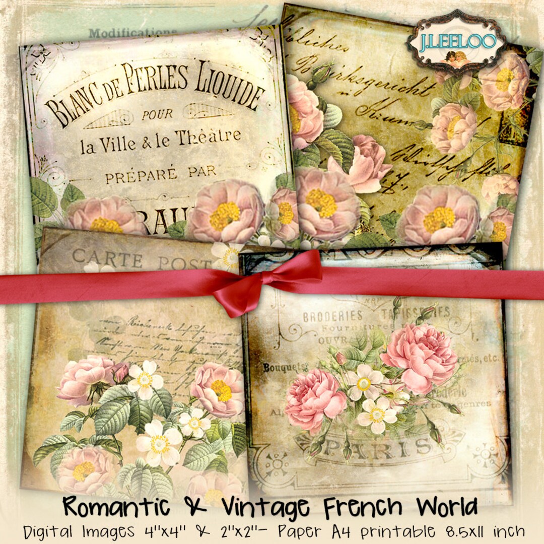VINTAGE FRENCH Digital Paper 4x4 Inch 2x2 Inch Large Hang Tag Label ...