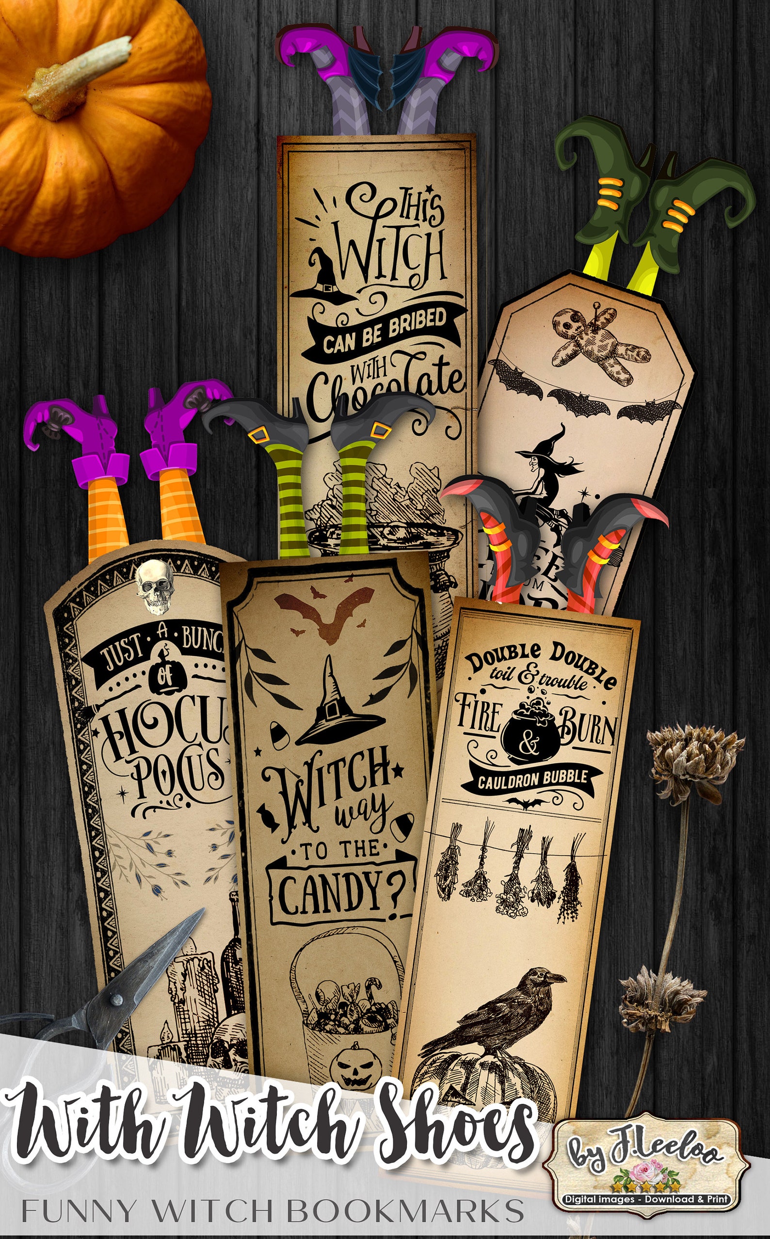 WITCH SHOES BOOKMARKS Printable Funny Scary Halloween Party Instant ...