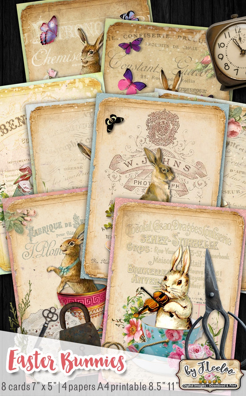 EASTER BUNNIES Printable Rabbit Postcards 5x7 Inch Digital | Etsy