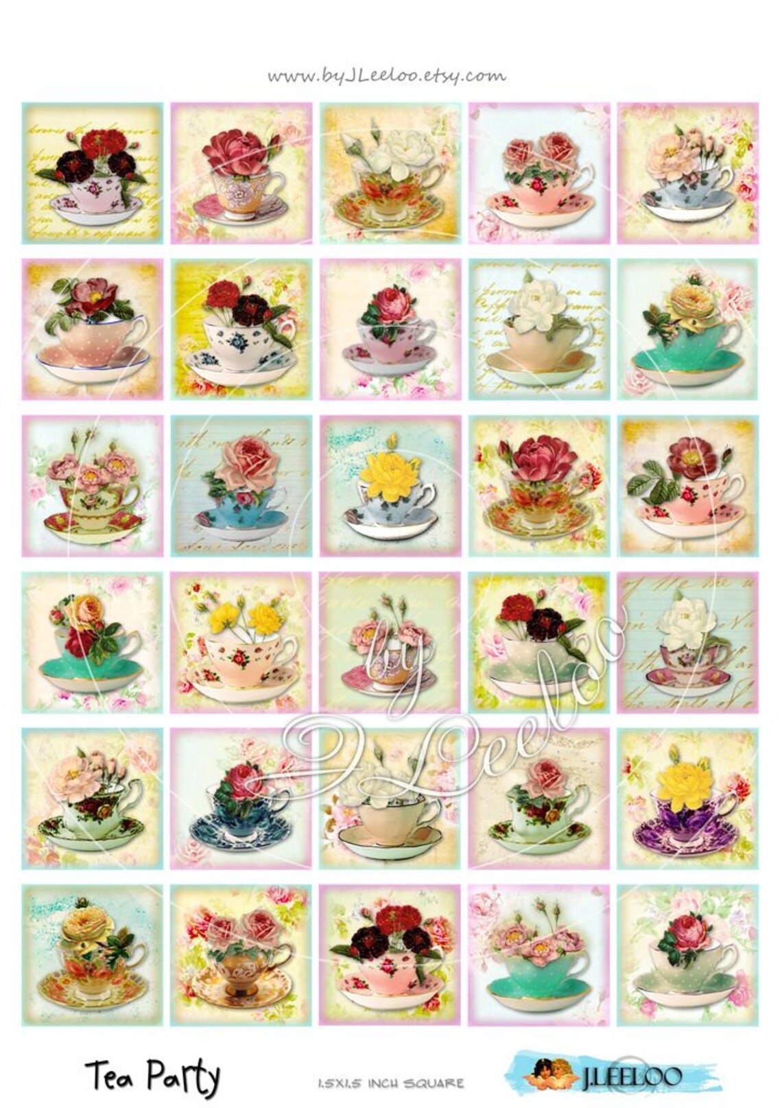 Digital collage TEA PARTY 1.5 inch square drink tea cup rose | Etsy