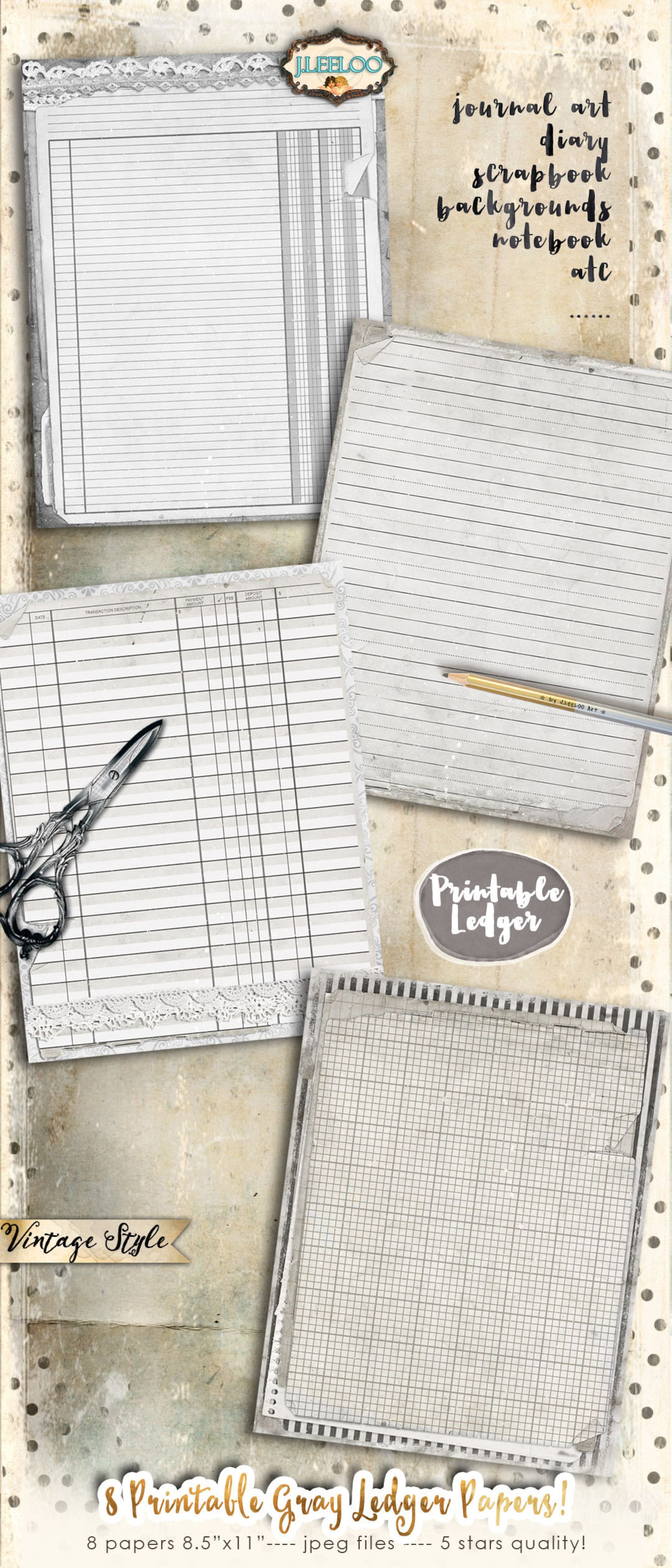 GRAY LEDGER 8 Digital Papers Journal Scrapbook Diary Art - Etsy