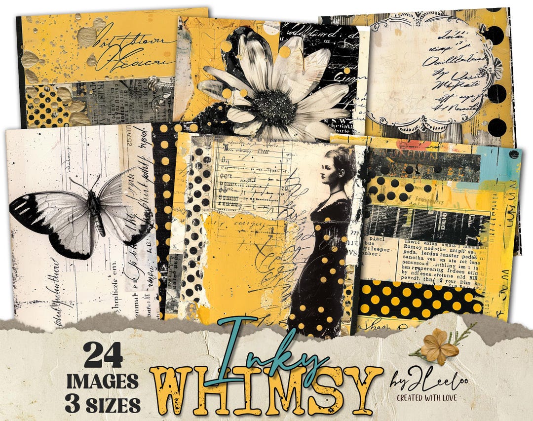 INKY WHIMSY 24 Background 3 Sizes | Yellow Junk Journal Collage Pages ...