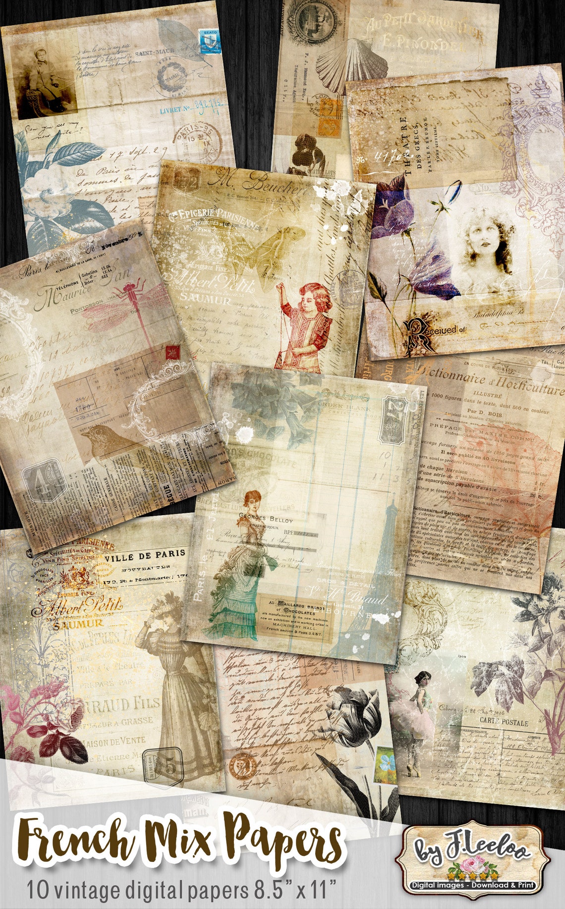 FRENCH MIX PAPERS Digital Shabby Journal Book Paris Flower | Etsy