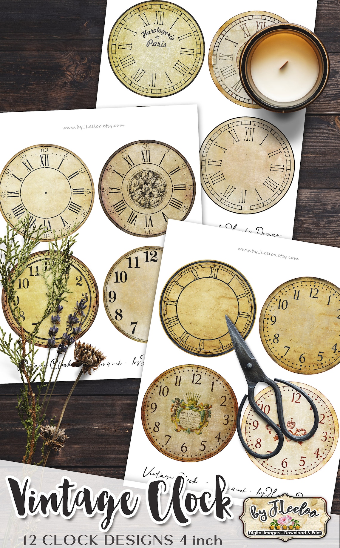 VINTAGE CLOCK 4 Inch Circle Printable Clock Faces Grunge Dirty Antique ...