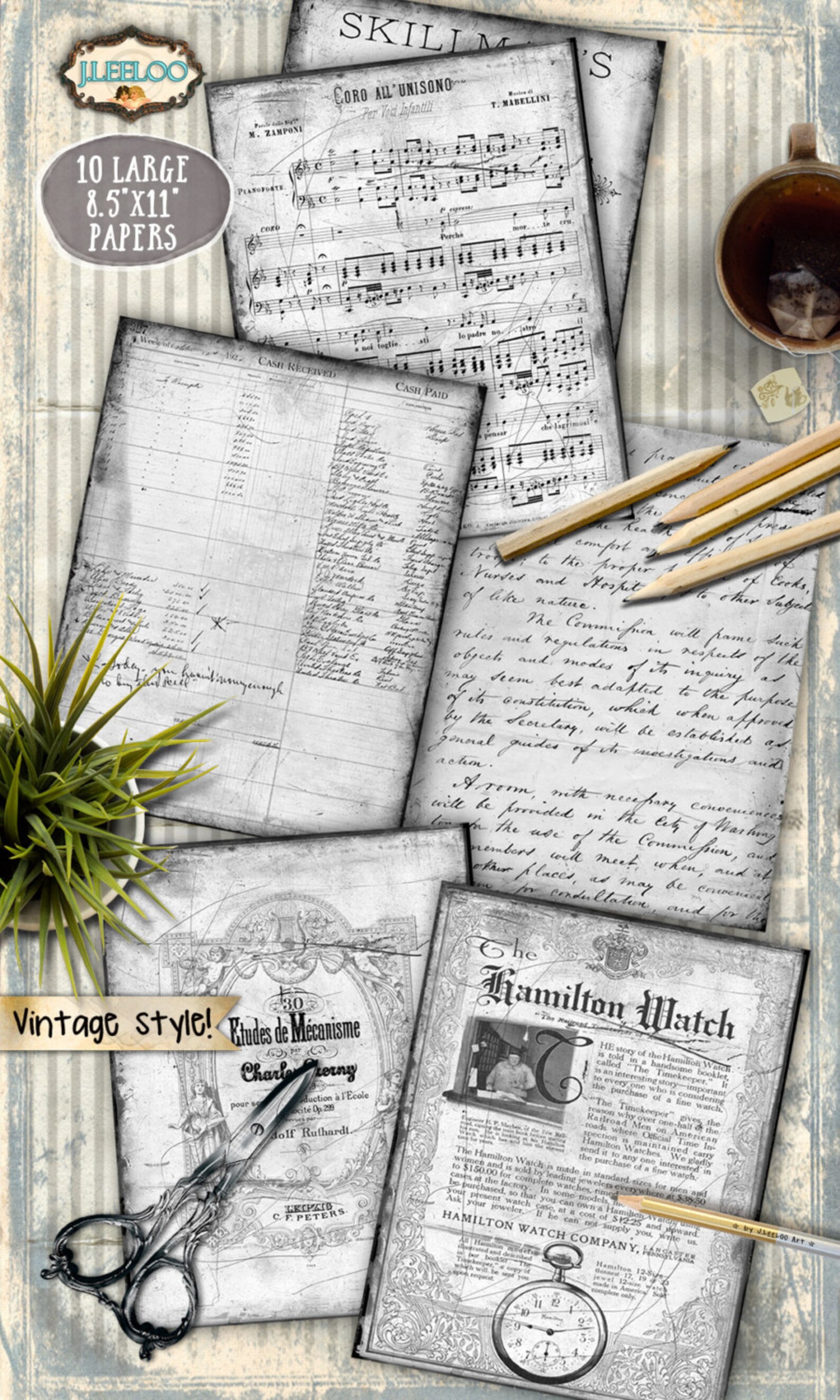 GRAY DOCUMENTS 10 Digital Collage Sheets for Scrapbook Diary Invited ...