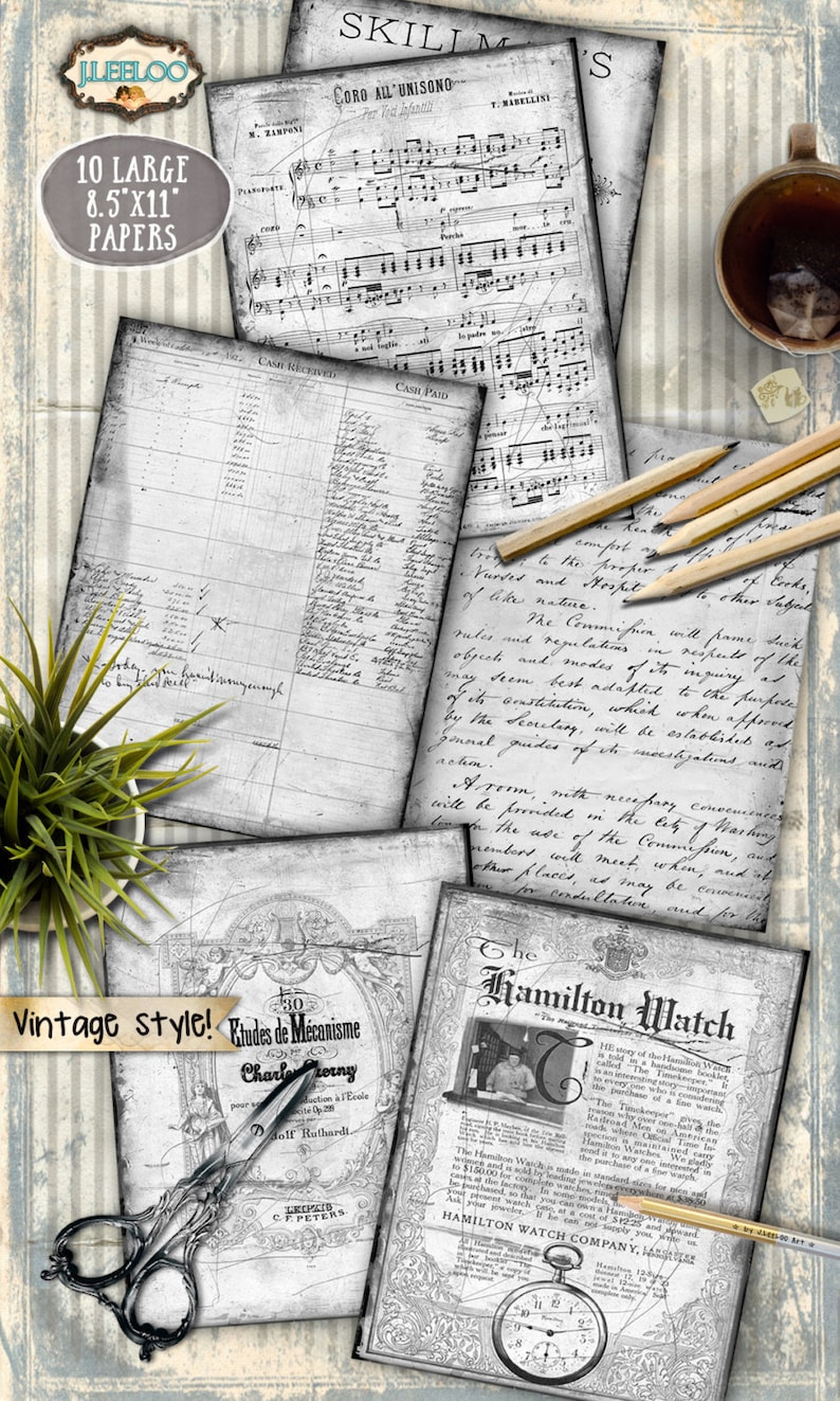 GRAY DOCUMENTS 10 Digital Collage Sheets for Scrapbook Diary - Etsy