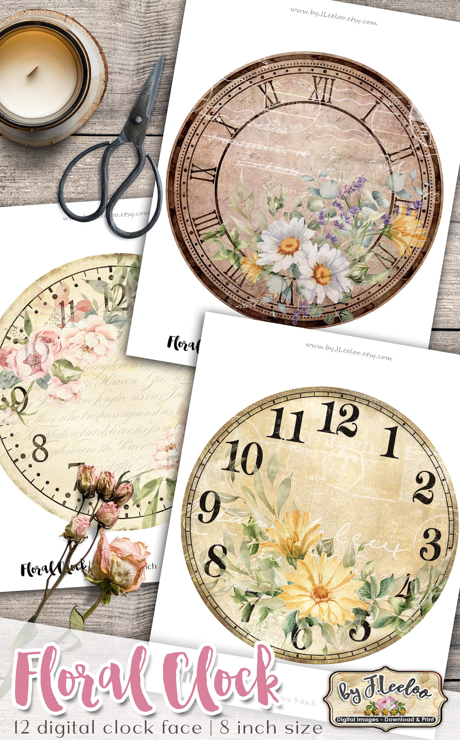 FLORAL CLOCK 8 Inch Circle Printable Clock Face Jpeg Clipart Vintage ...