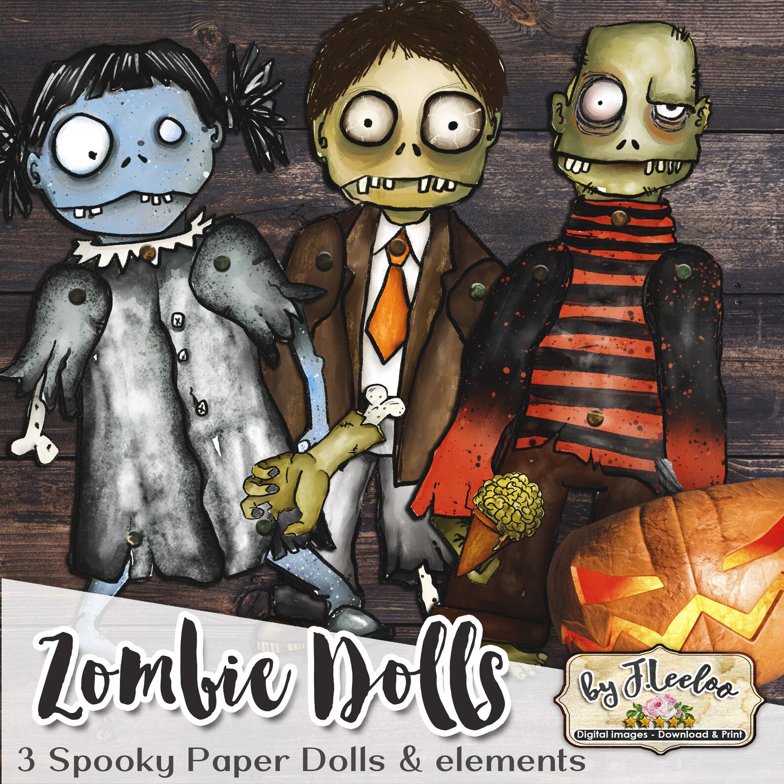 ZOMBIE DOLLS Halloween Hand Drawn Paper Doll Scary Digital - Etsy