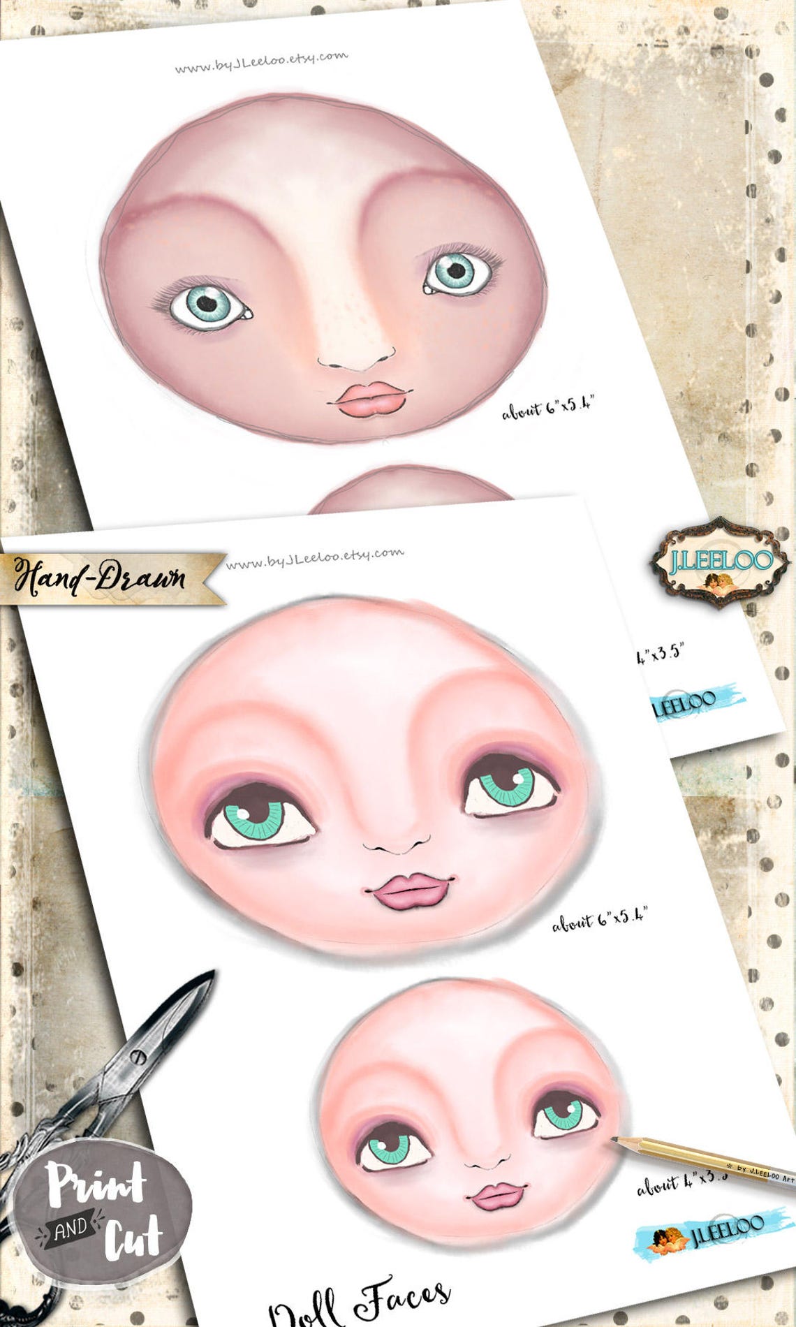 DOLL FACES Printable Hand-drawn Digital Collage Sheet for Iron on ...