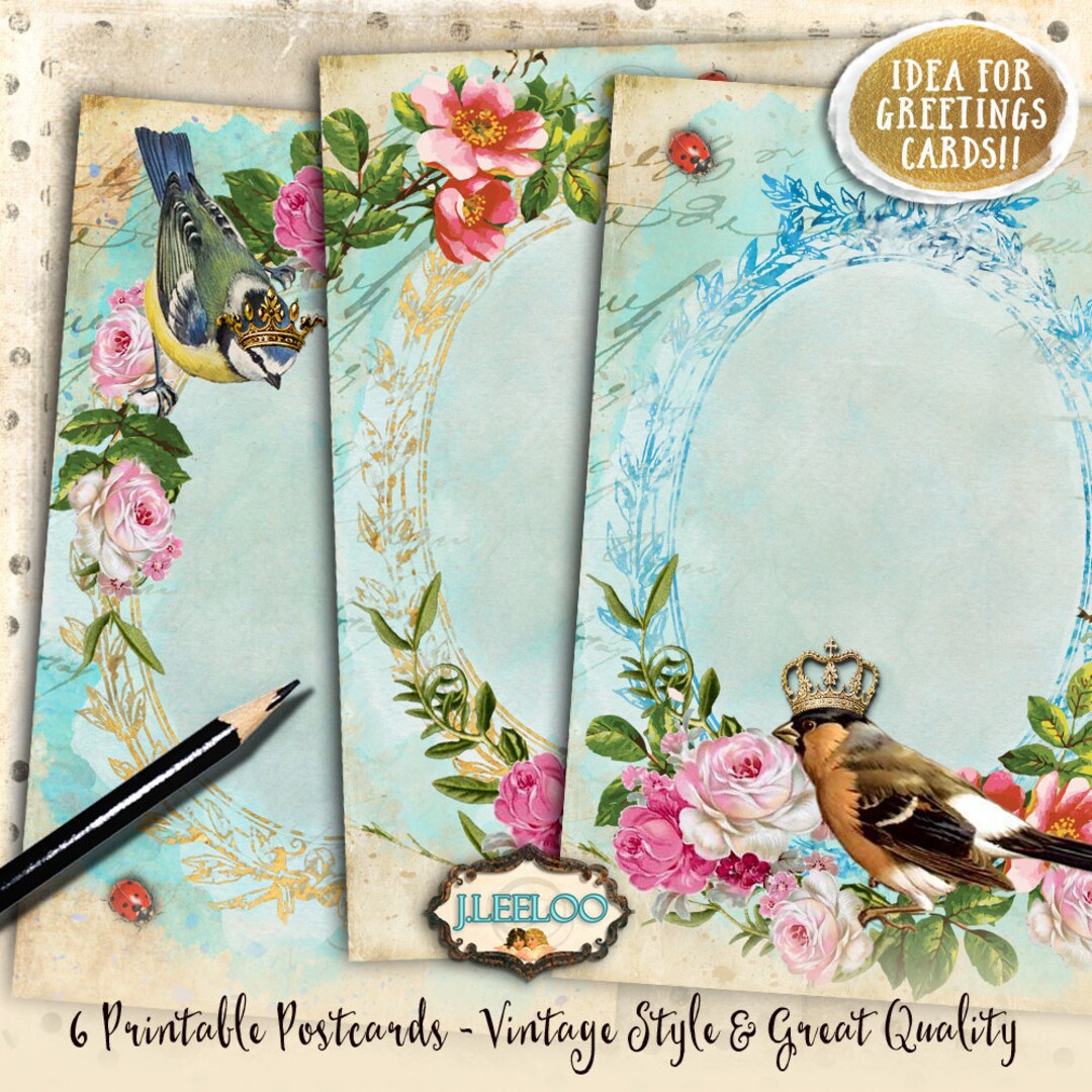 VICTORIAN POSTCARDS Invite Greetings Cards Birds Spring Rose Digital ...