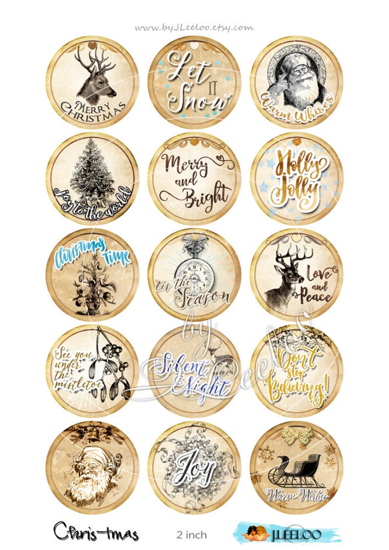 CHRISTMAS Circle 2 Inch Round Santa Deer Holidays Cupcake Topper for ...