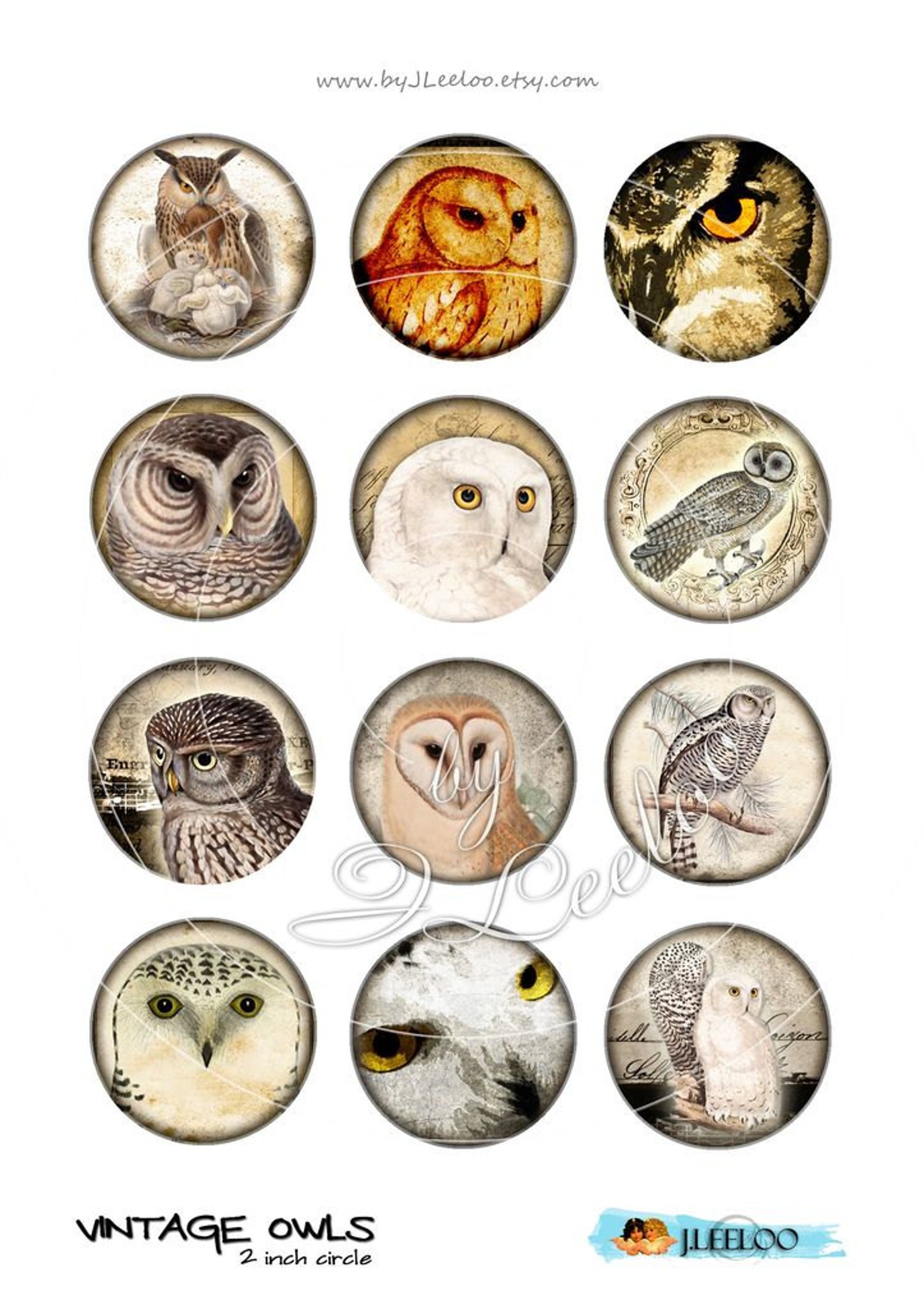 Digital Paper VINTAGE OWL 2 Inch Circle Digital Images Bird - Etsy