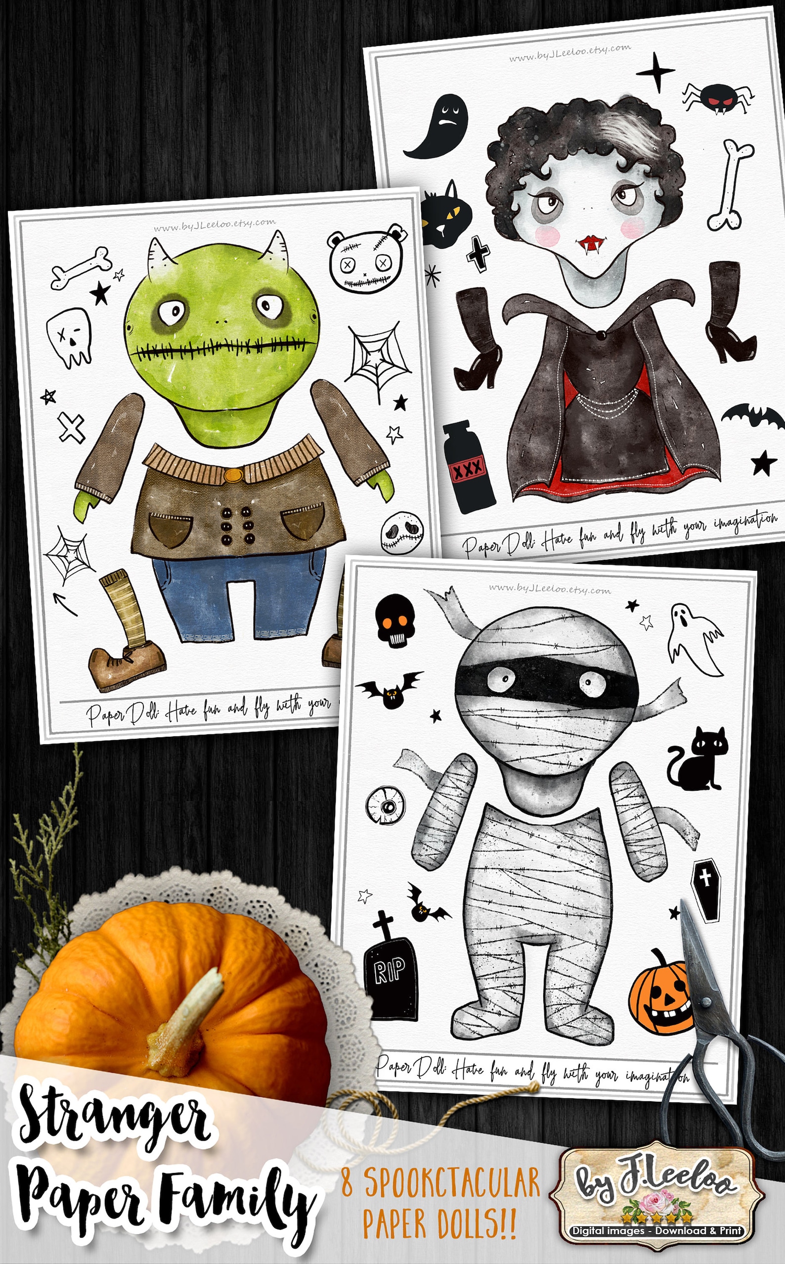 STRANGER PAPER FAMILY Halloween Paper Dolls Hand Drawn Watercolor Scary ...