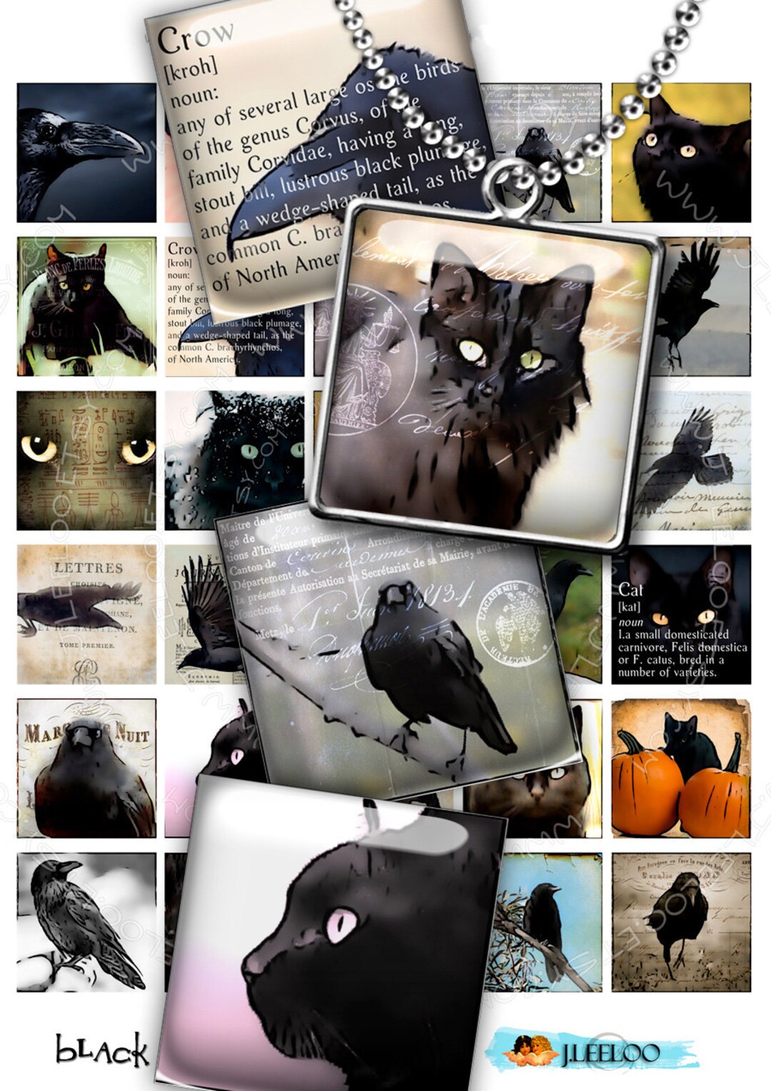 Digital Paper BLACK CAT N RAVEN 1.5 Inch Dark Gothic Halloween ...