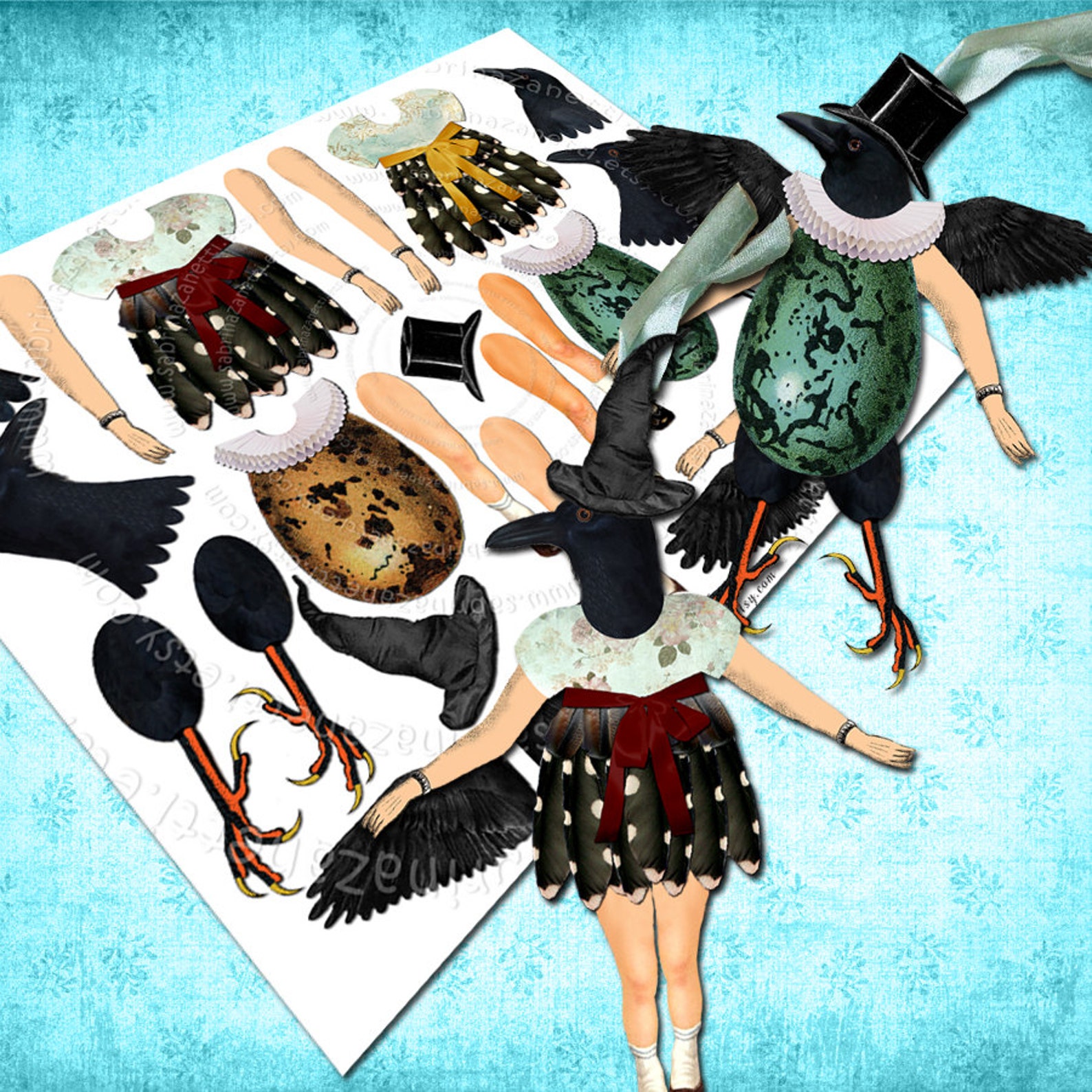 RAVEN DOLL Sheet Altered Art Journal Page Paper Digital | Etsy