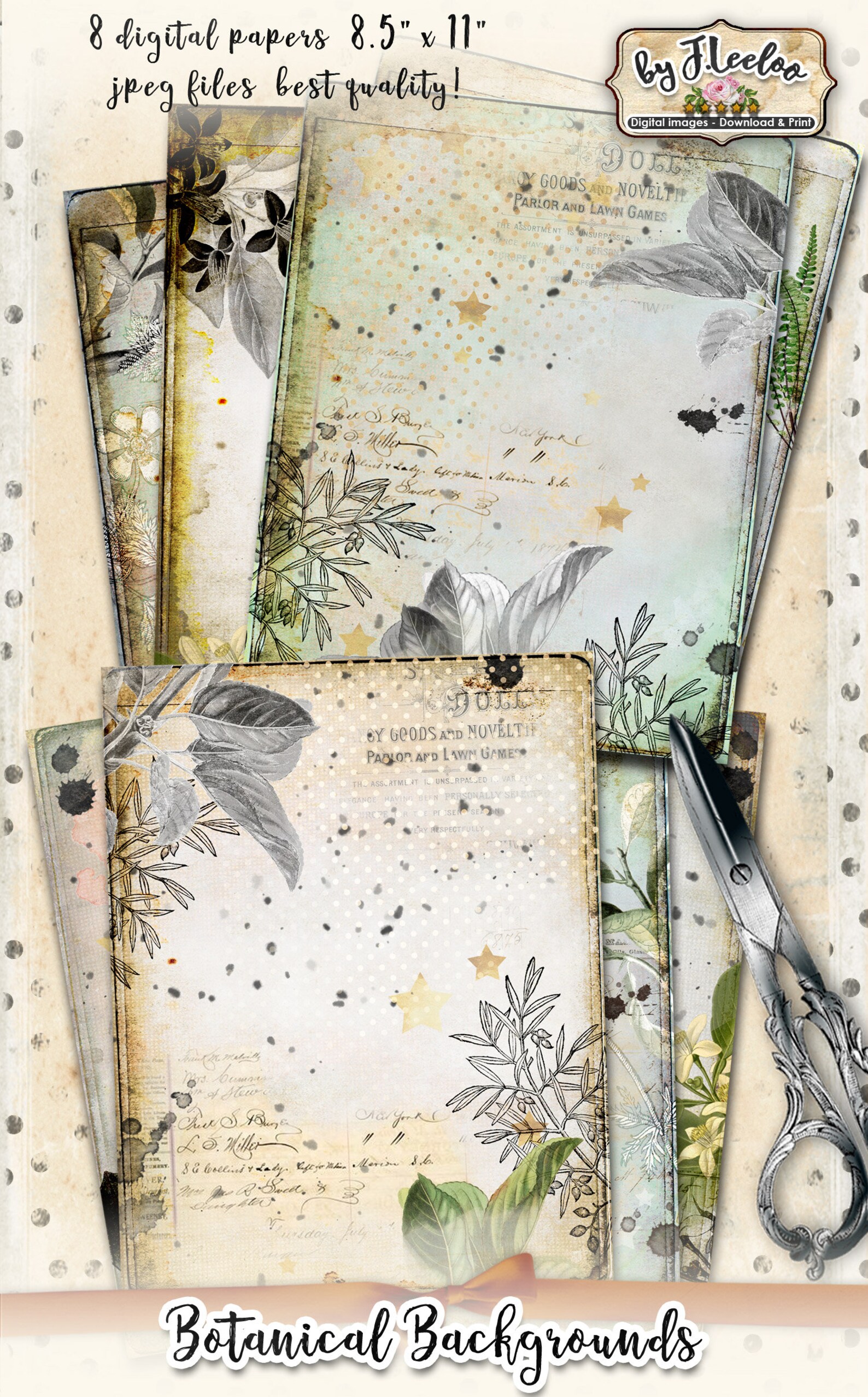 BOTANICAL 8 Distressed Papers for Scrapbook Dirty Digital - Etsy