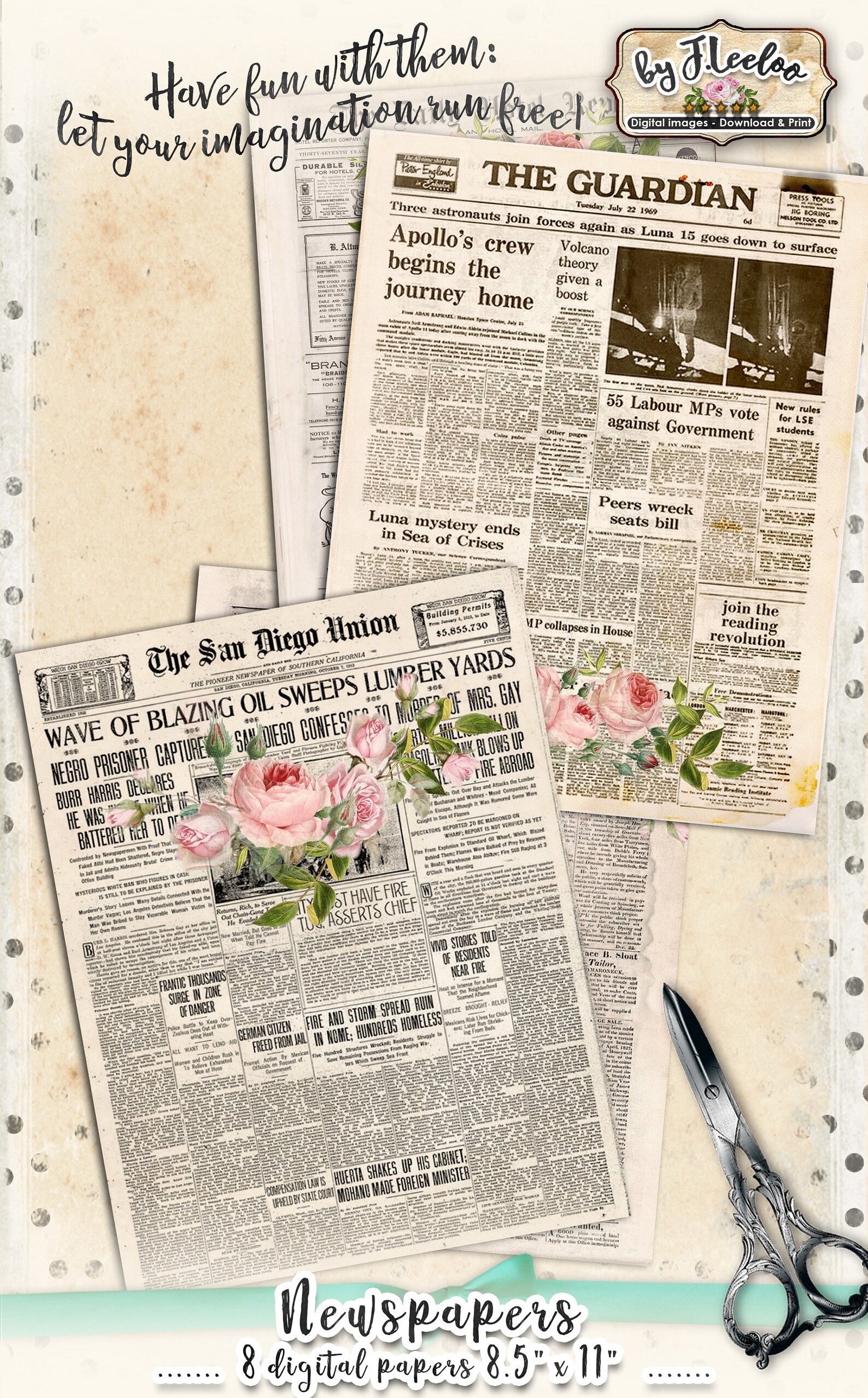 NEWSPAPERS 8 vintage digital papers junk Ephemera Journal | Etsy