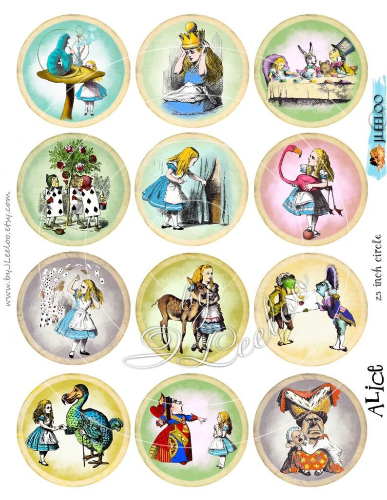 Digital Printable ALICE 2.5 Inch Circle Sheets Hand Recolored | Etsy