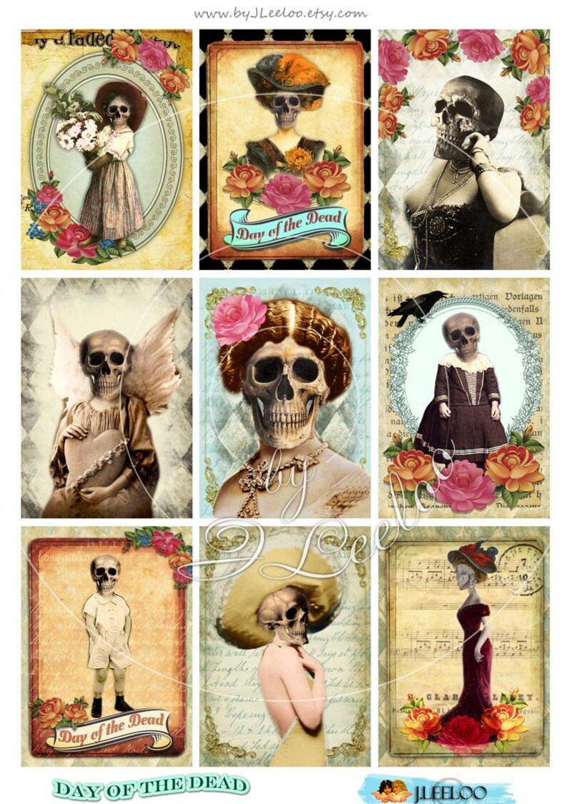 DAY OF DEATH Printable Digital Collage Sheet Gift Skull Bones Dia De ...