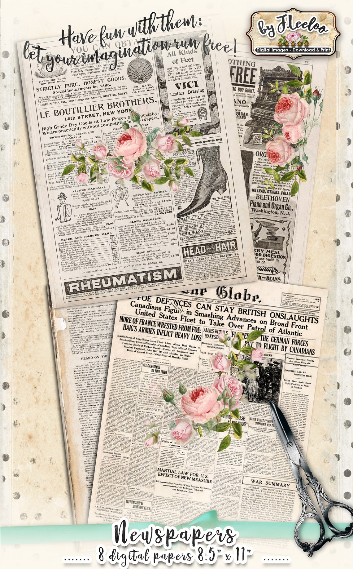 NEWSPAPERS 8 Vintage Digital Papers Junk Ephemera Journal Journaling ...