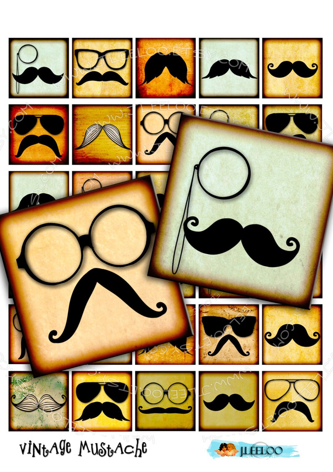 Digital Collage VINTAGE MUSTACHE 1.5 Inch - Square Images for Glass ...