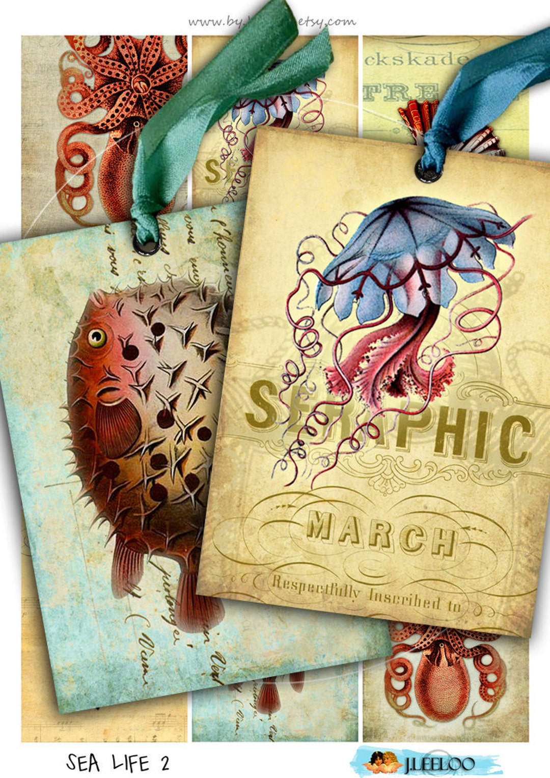 SEA LIFE 2 Printable Cards Sea Animal Nature Greeting Collage Atc Aceo ...