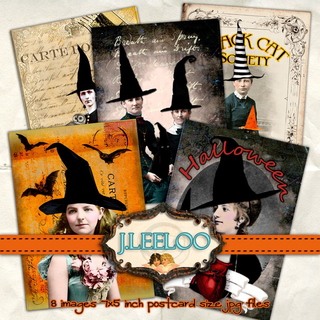 WITCH Postcards Digital Graphic Digital Collage Sheet Halloween Card ...