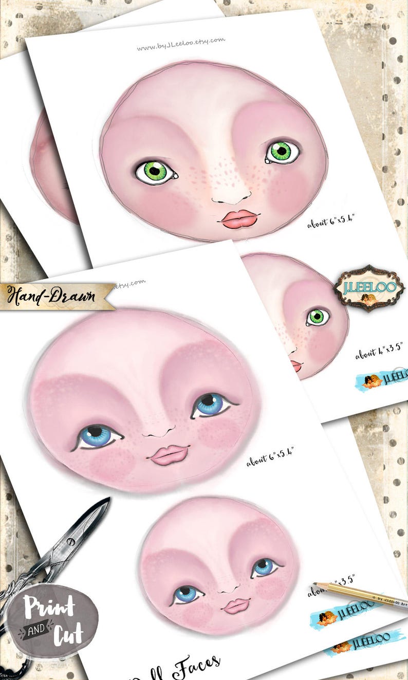 DOLL FACES Printable Hand-drawn Digital Collage Sheet for Iron - Etsy