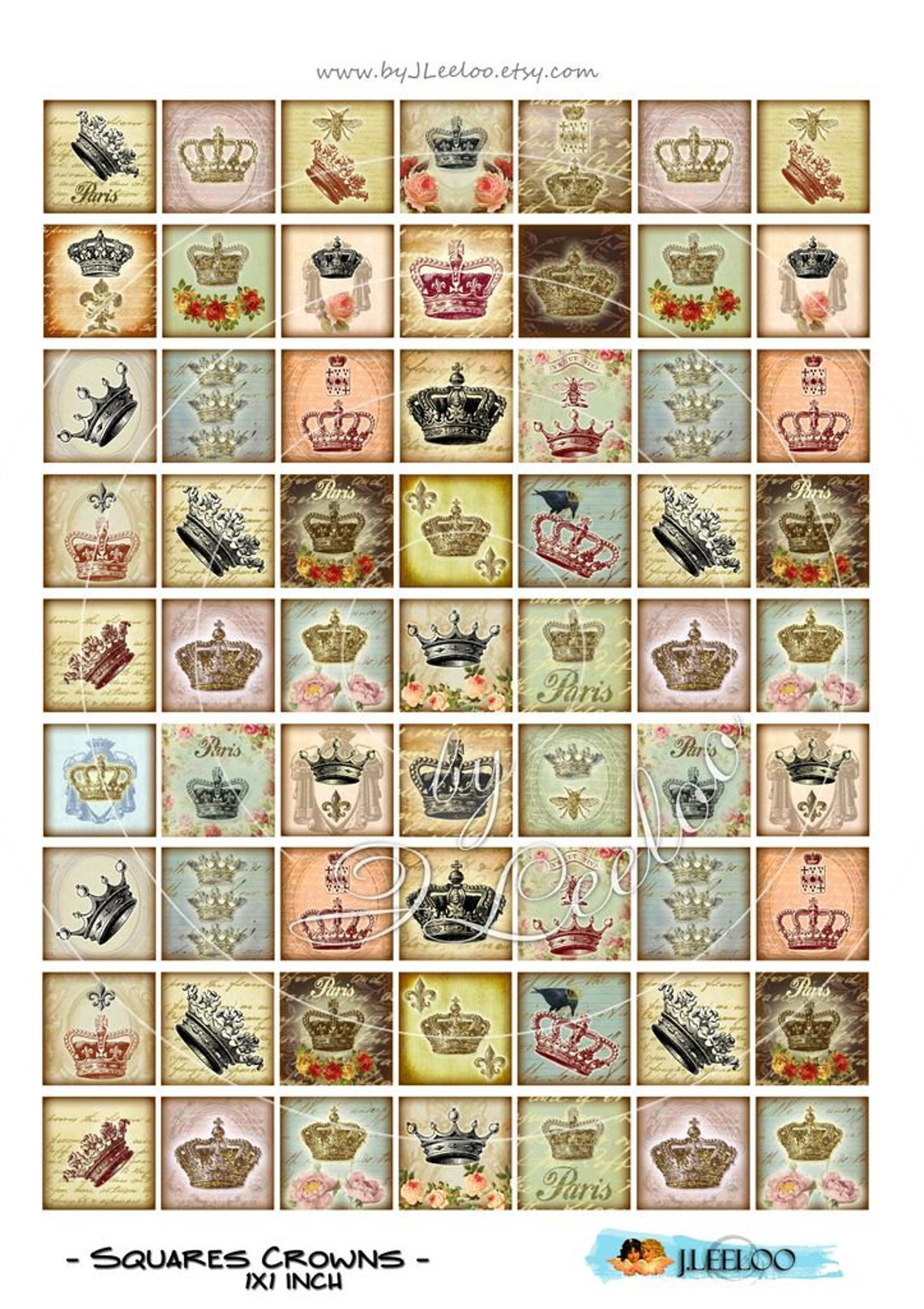 Digital Printable SQUARES CROWNS 1x1 Inch Square Crown France - Etsy