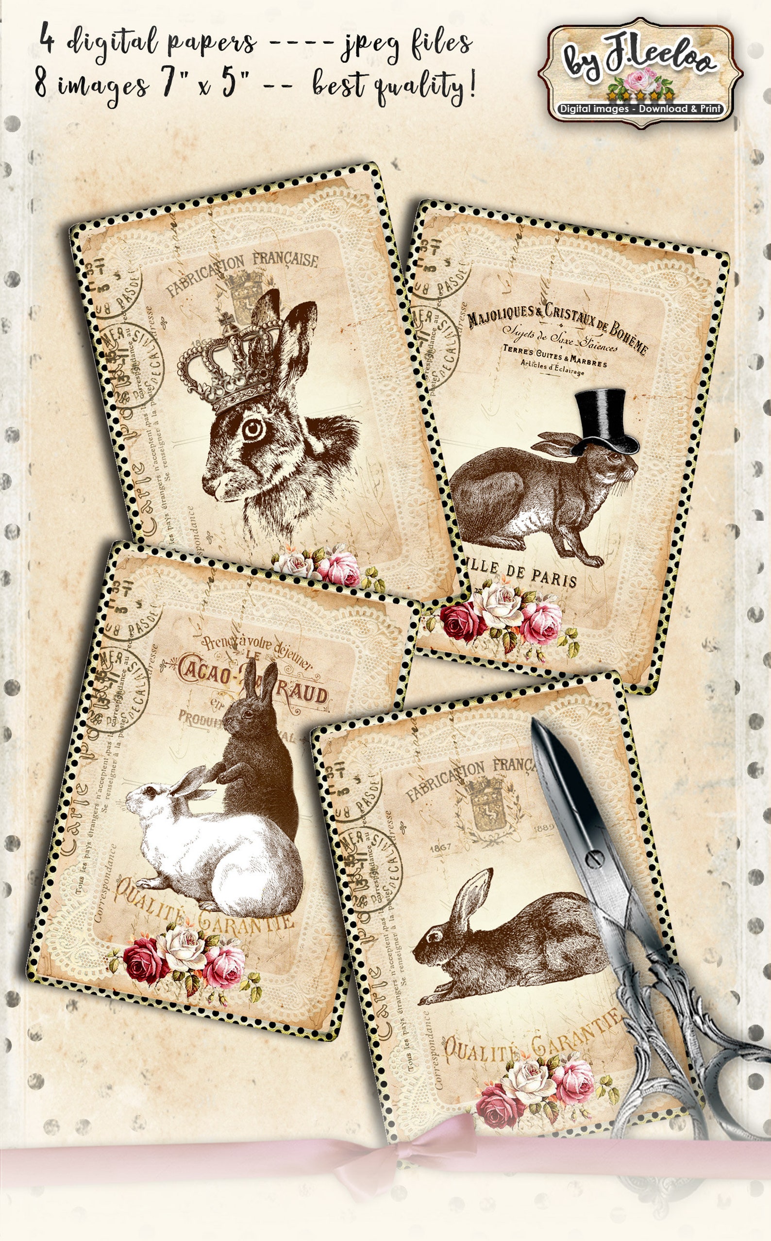 RABBIT POSTCARD Printable Easter Bunny 5x7 Inch Digital Sheet Ephemera ...