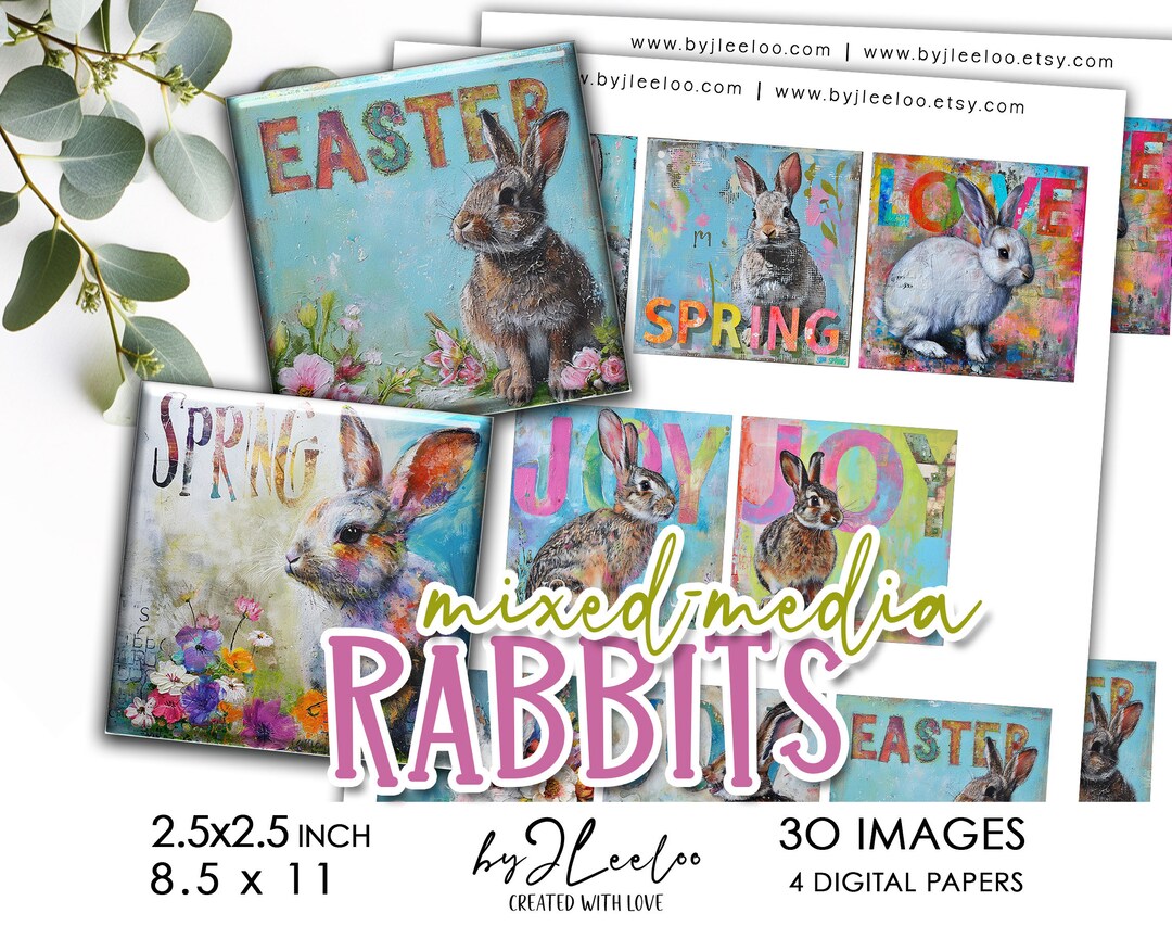 MIXED-MEDIA RABBITS 2.5x2.5 Inch Printable | Supplies Square Pendants ...