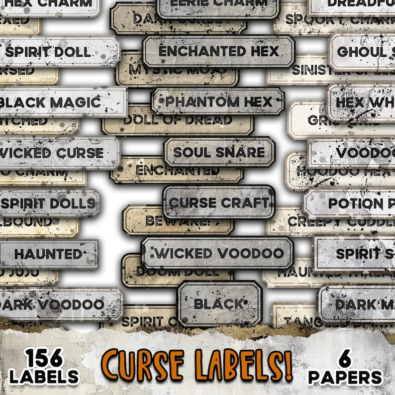 CURSE LABELS Printable Scary Halloween | Word Labels Voodoo Spooky Junk ...