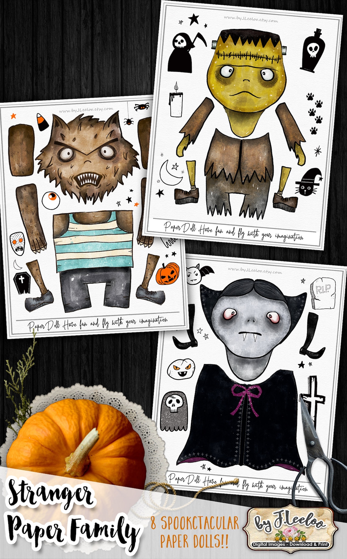 STRANGER PAPER FAMILY Halloween Paper Dolls Hand Drawn Watercolor Scary ...
