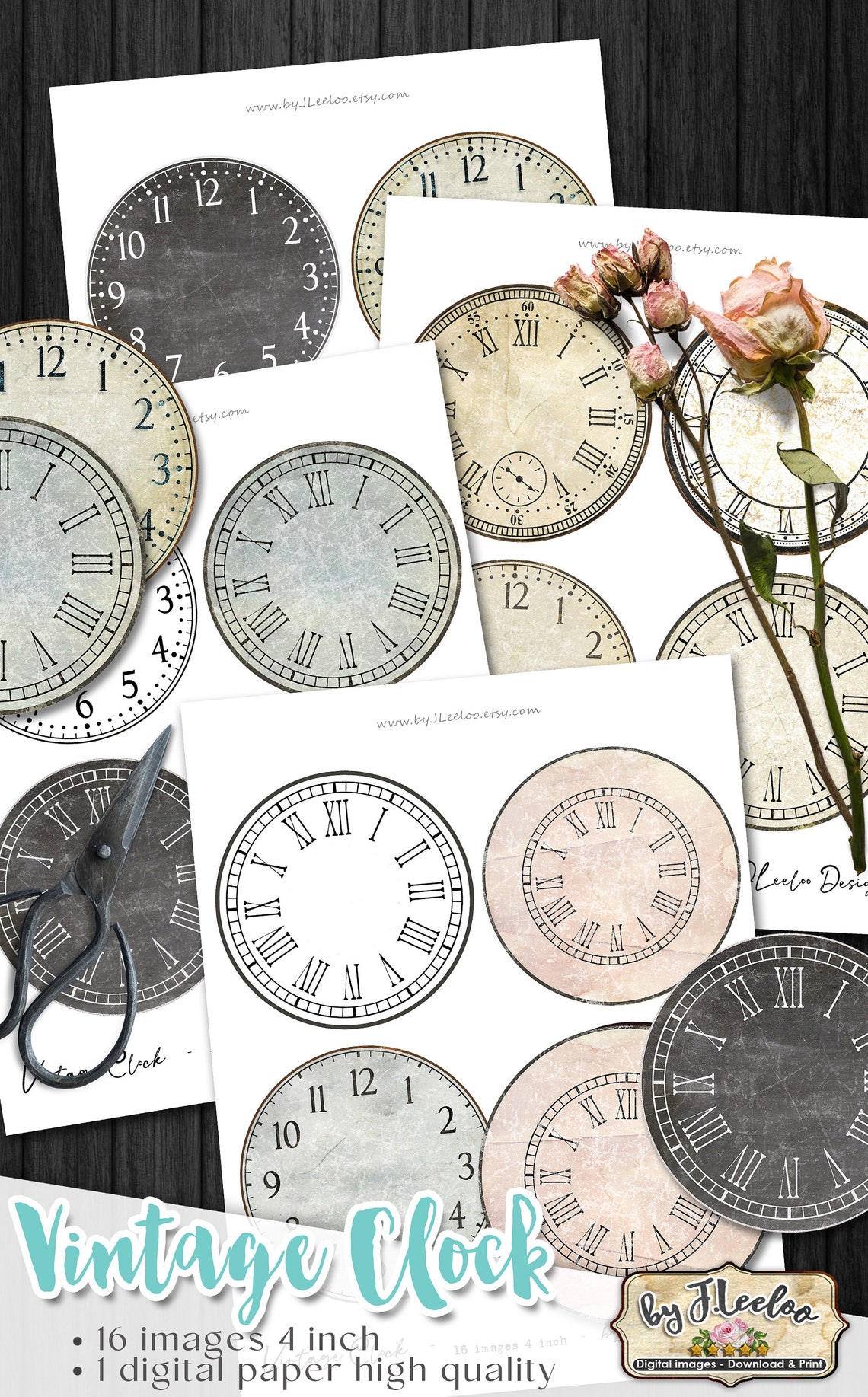 VINTAGE CLOCK 4 Inch Circle Printable Vintage Jpeg Face Clock Clipart ...