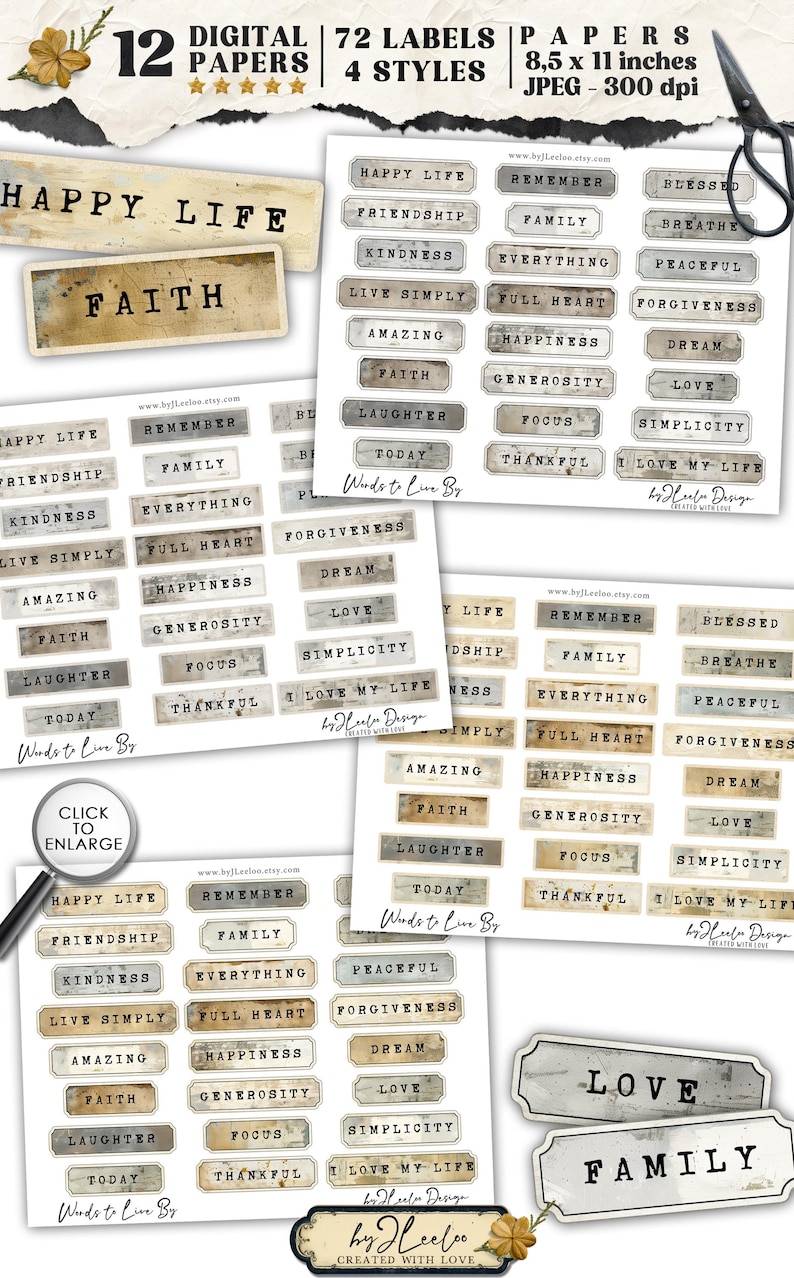 WORDS to LIVE BY Text Label Printable Word | Sentence Vintage Style ...
