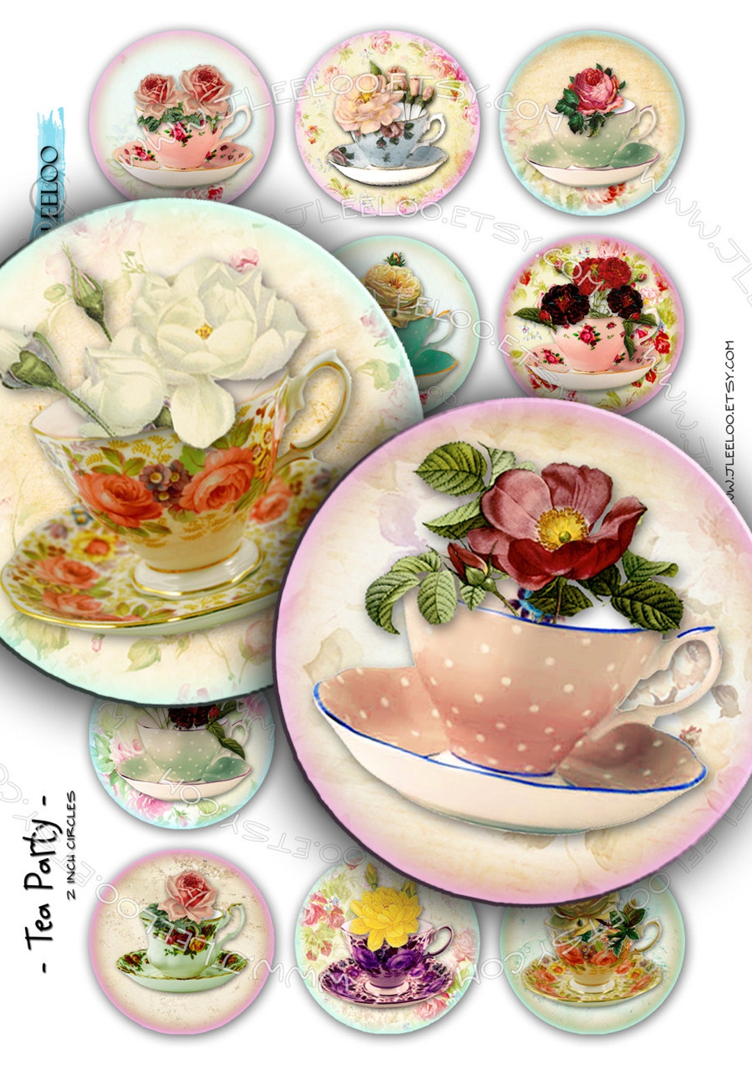 Digital Collage Sheets TEA PARTY 2 Inch Circle Tea Cup Sweet Delicious ...