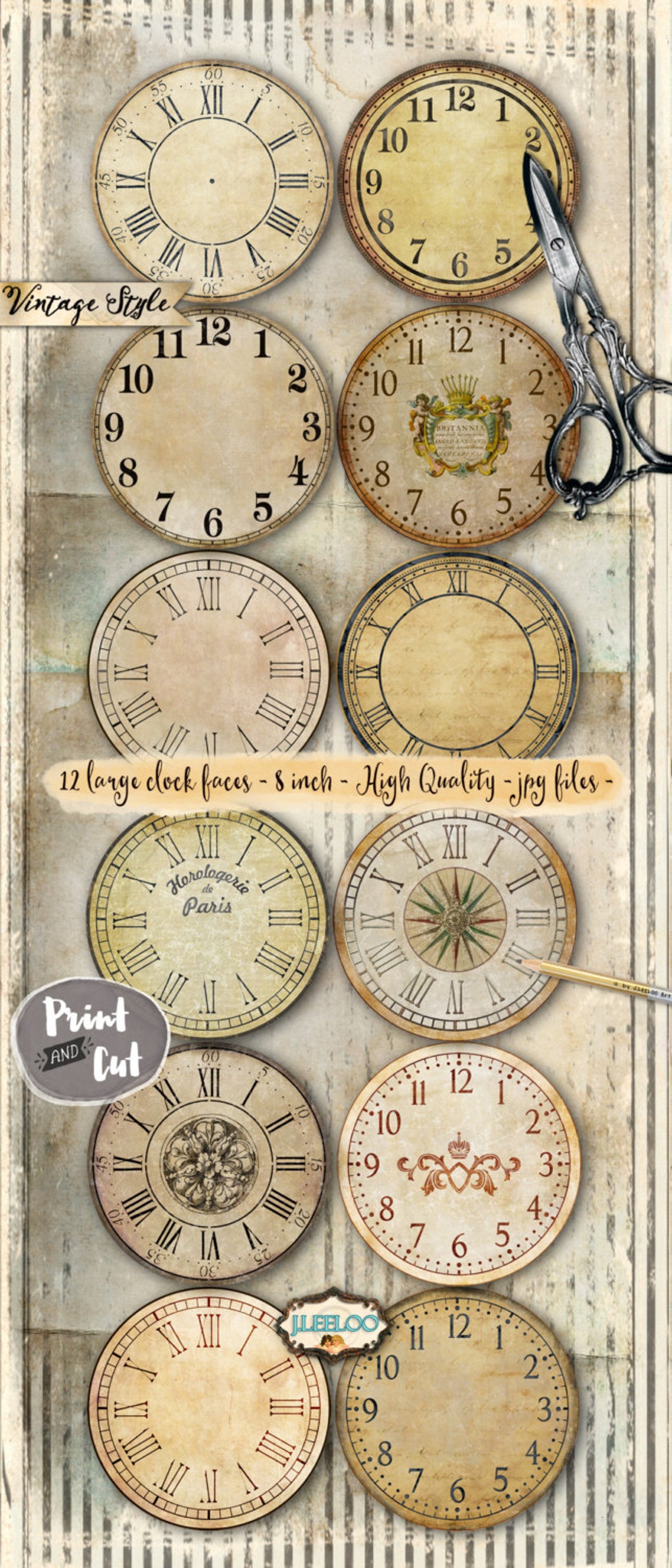 VINTAGE CLOCK 8 Inch Circle Printable Clock Face Jpeg Clipart Vintage ...