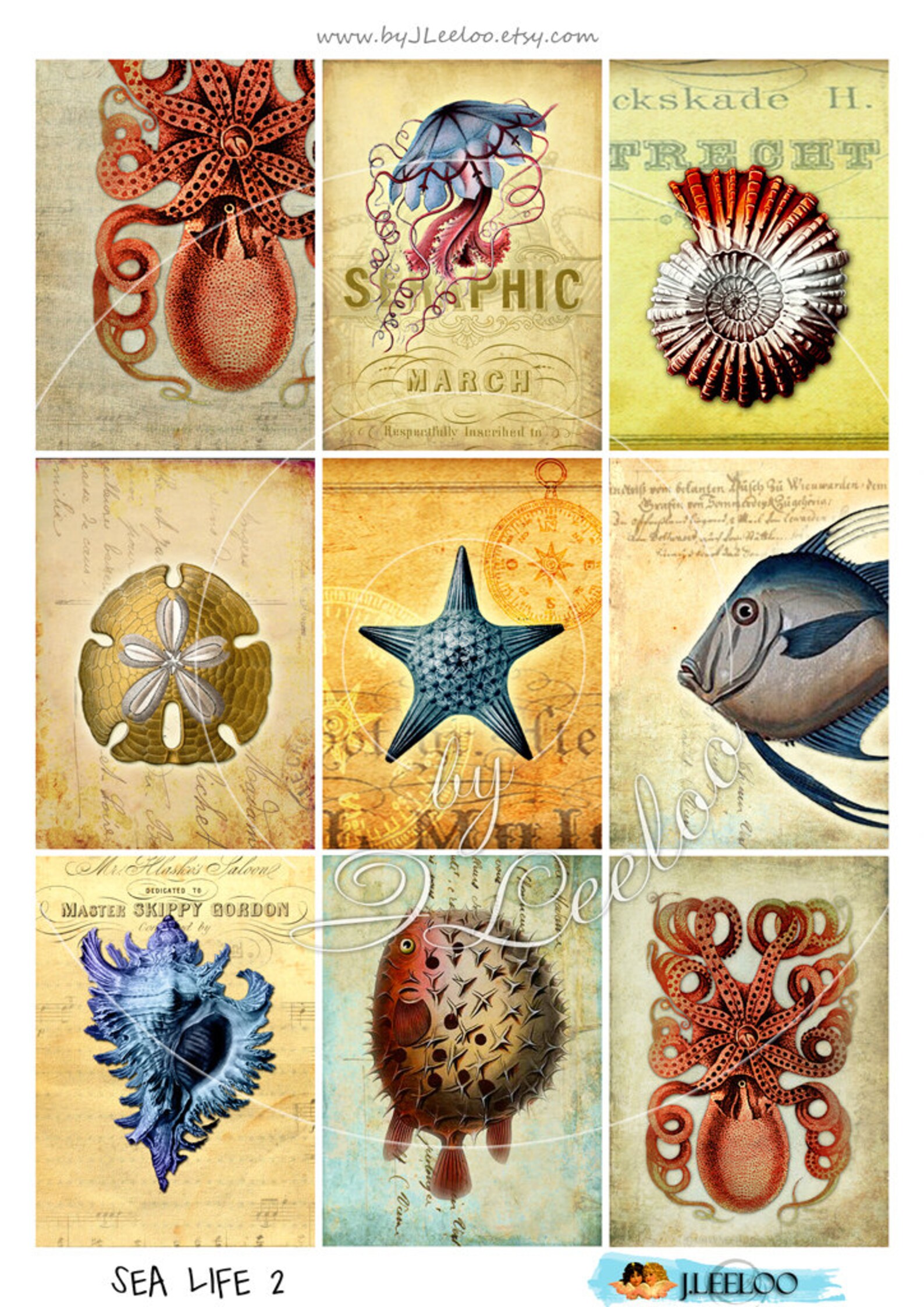 SEA LIFE 2 Printable Cards Sea Animal Nature Greeting Collage Atc Aceo ...
