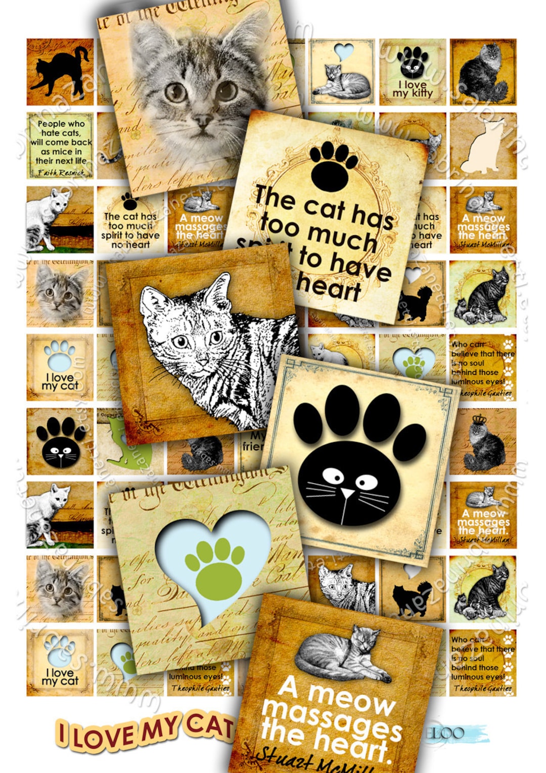 Digital Collage I LOVE MY CAT 1x1 Square Puppies Love Kitten for ...